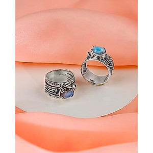 YoTreasure Labradorite Swiss Blue Topaz 925 Sterling Silver Antique Three Stone Ring