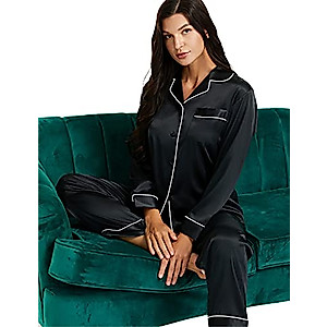 Womens Silk Satin Pajamas Set Sleepwear Loungewear Black L