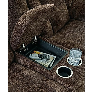 Signature Design by Ashley Soundwave Contemporary Manual Reclining Loveseat with Console and Cup Holders, Dark Brown