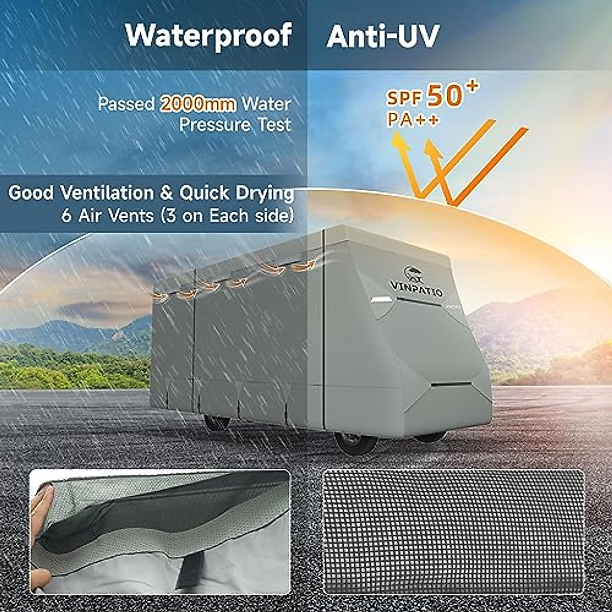 VINPATIO Class C RV Cover Extra Thick 7 Layer Top, Fits 26'-29' RV, Heavy Duty Windproof Class C Cover, Waterproof Anti-UV Camper Cover with RV Accessories 2 Extra Long Straps, Gutter Covers