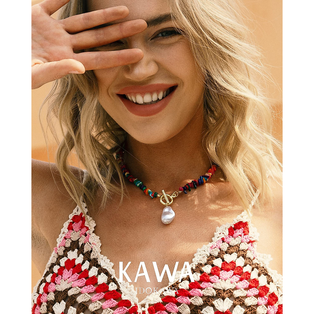 IDOKAWA Beaded Charm Necklace for Women Boho Multicolor Charm Necklace with Natural Stone Freshwater Baroque Pearl Pendant Summer Beach Necklace Y2K Necklace Jewelry Gifts for Women Girlfriend