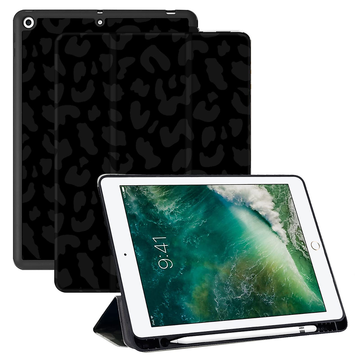 Deokke Compatible with iPad 9th /8th /7th Generation Case(2021/2020/2019) iPad 10.2 inch Case with Pencil Holder and Soft TPU Back Case,Auto Sleep/Wake Cover,for Girls Women-Black Leopard Cheetah