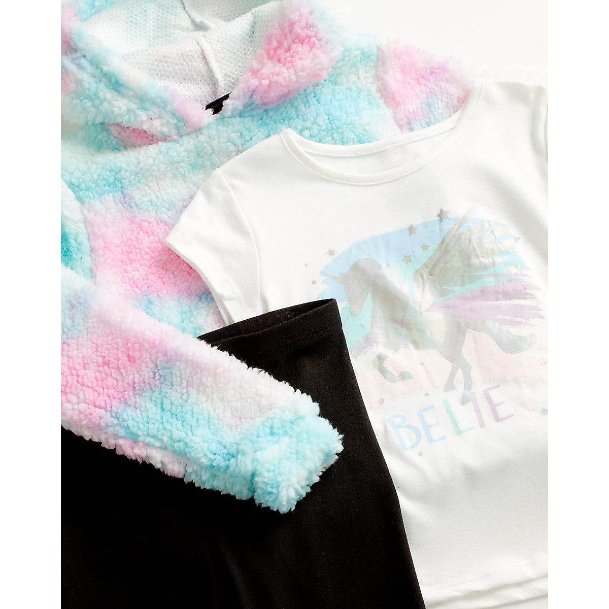 Instagirl Baby Girls’ Leggings Set – 3 Piece Sherpa Hoodie Sweatshirt, T-Shirt, and Leggings (Infant/Toddler), Size 12M, Blue Multi