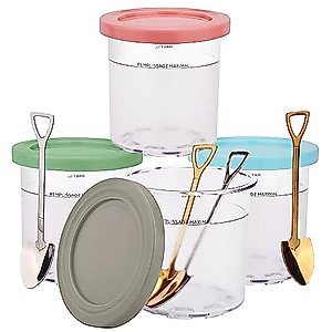 ZYHOONE Ice Cream Pint Containers Replacement for Ninja Creami Pints and Lids,Compatible with NC301 NC300 NC299AMZ Series Ice Cream Maker,with 4 Scoops,Dishwasher Safe Gray/Pink/Green/Blue