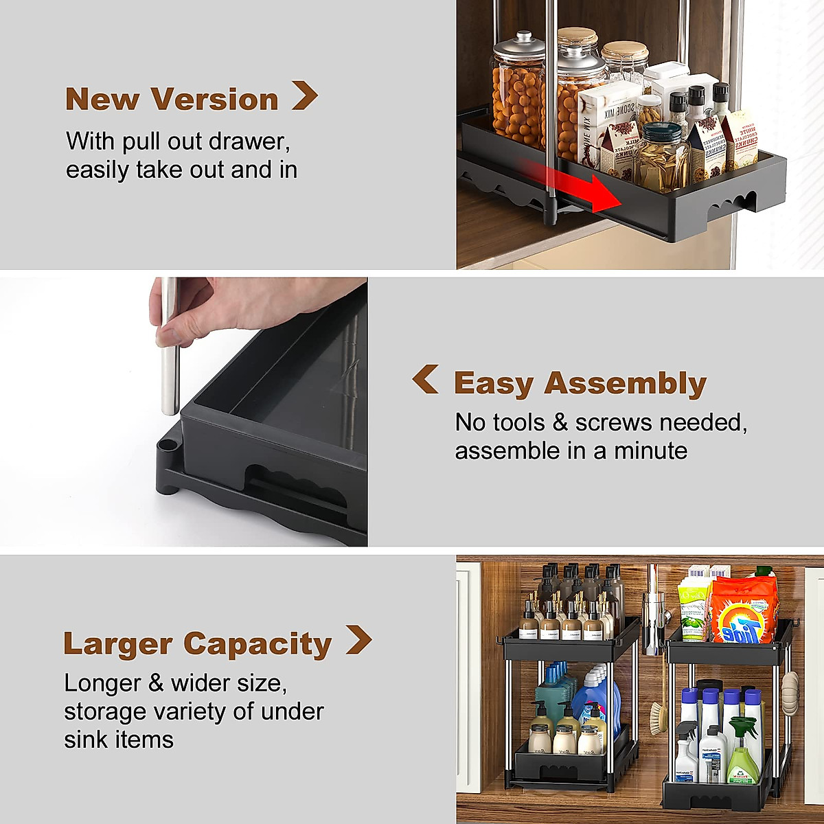 DUSASA Under Sink Organizer and Storage with Sliding Drawer, 2 Tier Black Plastic Cabinet Basket Organizer with Hooks, Under Cabinet Storage for Bathroom Kitchen