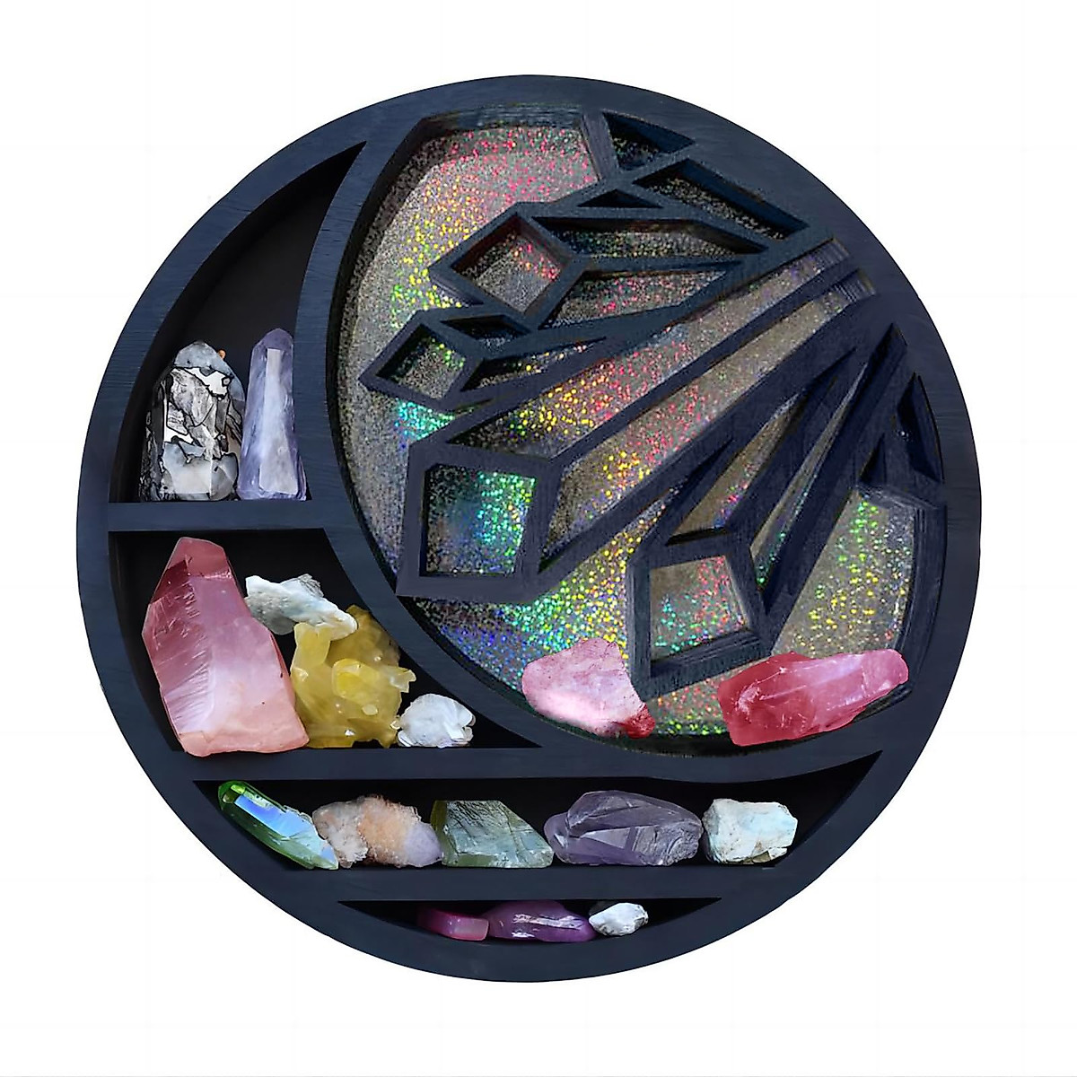 CLKFDCH Wood Crystal Display Shelf, 12 Inch Wooden Crescent Moon Shelf for Crystals Stones, Black Wall Hanging Floating Shelves Home Decor for Essential Oils