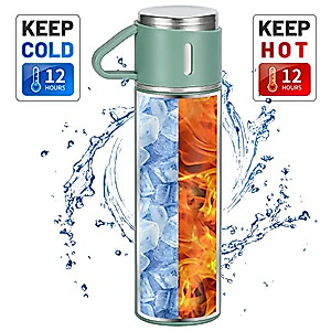 MUCR 500ml/17 OZ Stainless Steel Coffee Thermo Vacuum Flask Set, Insulated Water Bottle with Three Cup for Hot and Cold Drinks, Green