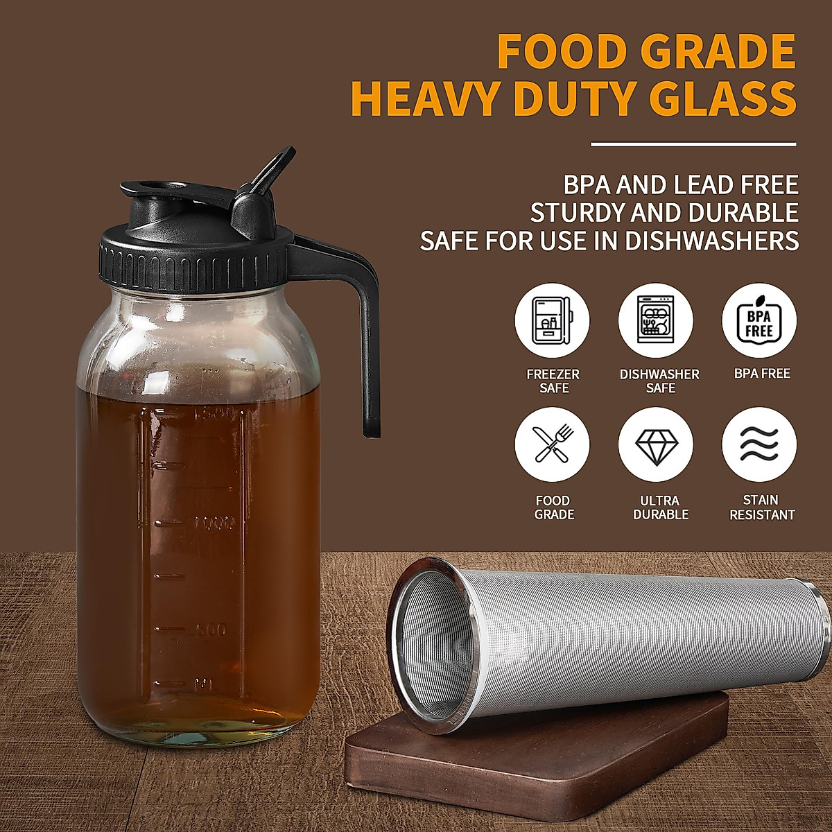 PIZVOXCold Brew Coffee Maker Pitcher, 32 oz Thick Glass Mason Jar Spout Lid with Handle & Stainless Steel Filter for Iced Brew Coffee, Ice Lemonade, Sun Tea, Fruit Drinks Container
