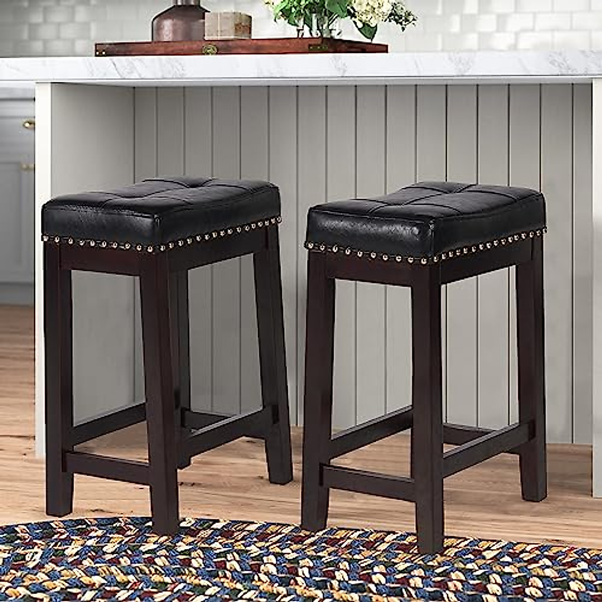 Backless Bar Stools Set of 2, 24 Inch Saddle Seat Bar Stools Counter Height with Footrest, PU Leather Kitchen Counter Stools Set of 2(Brown)