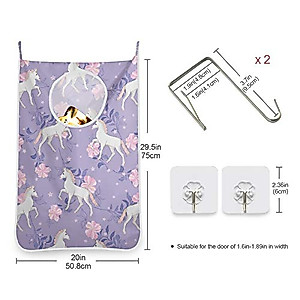 Oyihfvs White Unicorns Pink Flowers Stars On Purple Floral 1PC Hanging Laundry Hamper Bag, Dirty Clothes Bag Over The Door, Wall Cloth Basket with Hooks Storage College Closet for Bathroom Bedroom