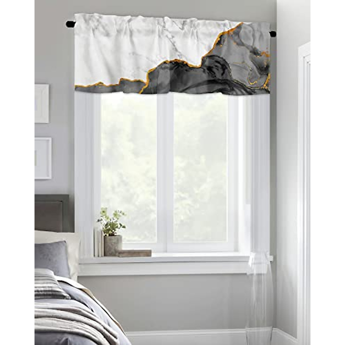 Yun Nist Window Valance Curtain Marble Black Gray White Color Contrast Gold Edge Valances for Kitchen Windows,Modern Abstract Rod Pocket Short Curtains for Bedroom,Bathroom,Living Room 42x12in