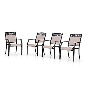 PHI VILLA Outdoor Cast Aluminum Patio Dining Chairs Set of 4, Stackable Patio Teslin Sling Chairs with Armrest for Deck, Garden, Terrace, Yard