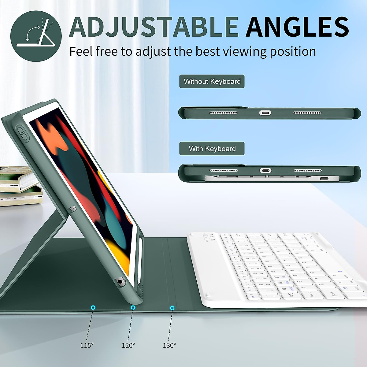 Keyboard Case for iPad 9th/8th/7th Generation 10.2 Inch 2021/2020/2019, Soft TPU Back Stand Cover Smart Case with Pencil Holder, Magnetically Detachable Wireless Bluetooth Keyboard, Dark Green