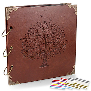 ADVcer Photo Album DIY Scrapbook (10x10 inch 50 Pages Double Sided), Vintage Leather Cover Three-Ring Binder Family Picture Booth with 9 Color 408pcs Self Adhesive Photos Corners for Memory Keep, Tree