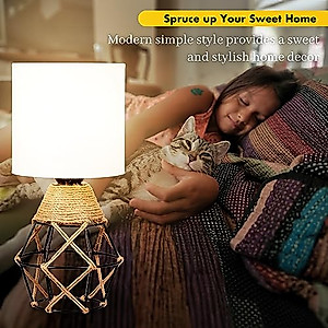 Hamilyeah Boho Lamp, Woven Table Lamp for Nightstand with On/Off Switch, Bedroom Lamp with White Fabric Shade, Simple Lamp for Bedside, Living Room