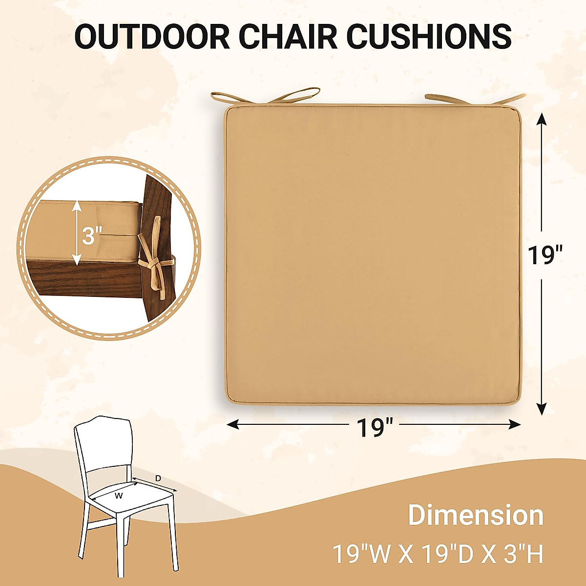 downluxe Outdoor Chair Cushions for Patio Furniture, Waterproof Square Corner Memory Foam Patio Chair Cushion with Adjustable Ties and Portable Handle, 19" x 19" x 3", Khaki, 4 Pack