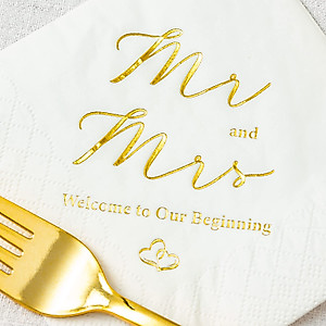 Crisky Gold Foil Mr and Mrs Wedding Cocktail Napkins 100 Counts for Wedding Party Reception Dessert Cake Table Decorations Welcome to Our Beginning Disposable Napkins, 3-Ply,