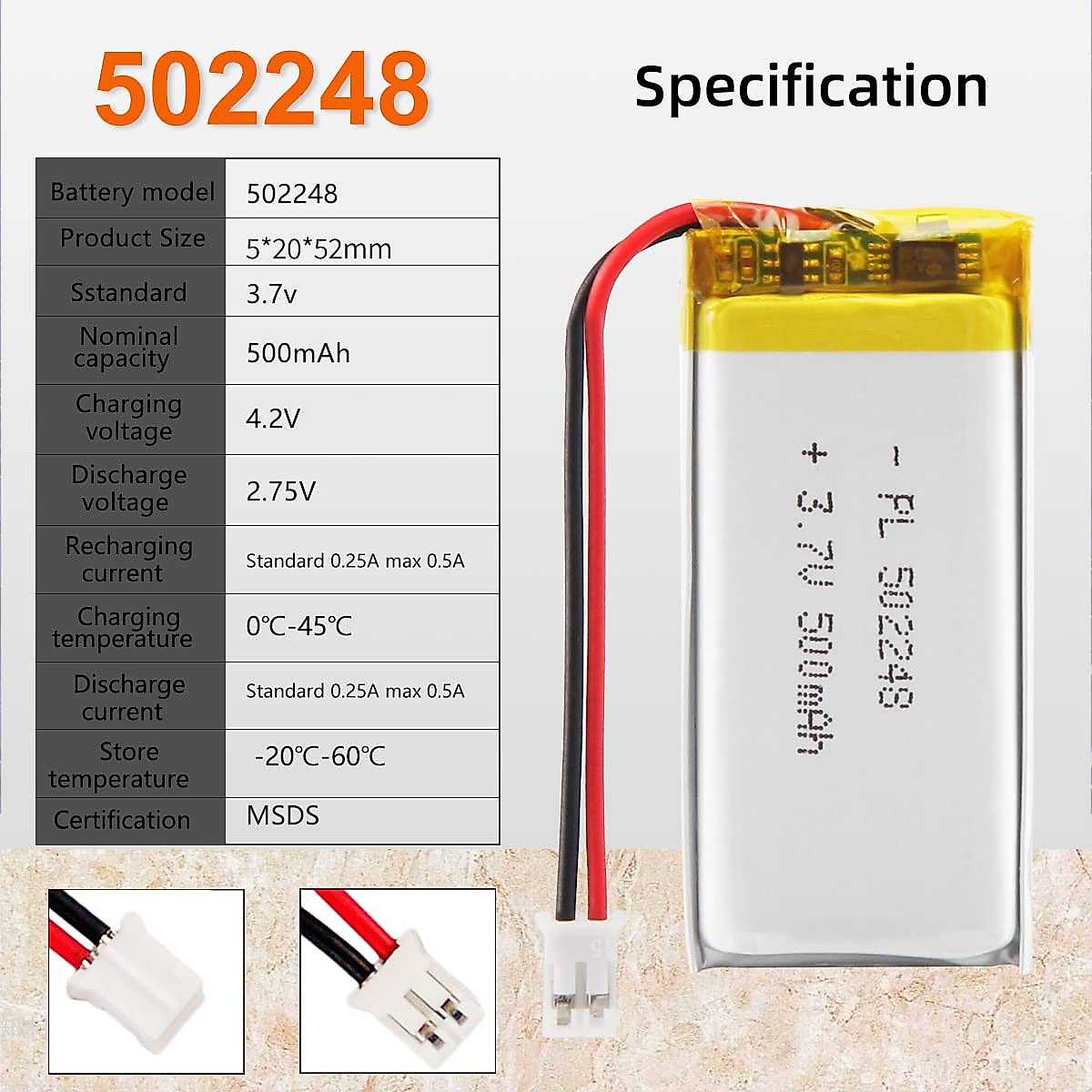 YDL 3.7V 500mAh 502248 Lipo battery Rechargeable Lithium Polymer ion Battery Pack with PH2.0mm JST Connector