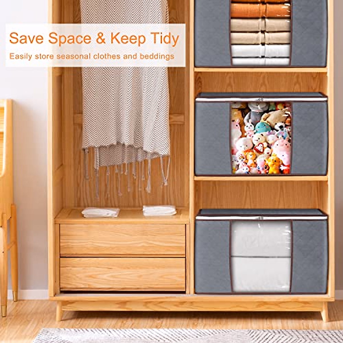 【𝟯𝗣𝗰𝘀】 Extra Large Clothes Blanket Storage Bags, 90L Thicker Fabric Closet Organizers and Storage Bins for Comforter, Clothing, Toys - Bedroom Dorm Storage Containers with Lids, Sturdy Handles -Grey