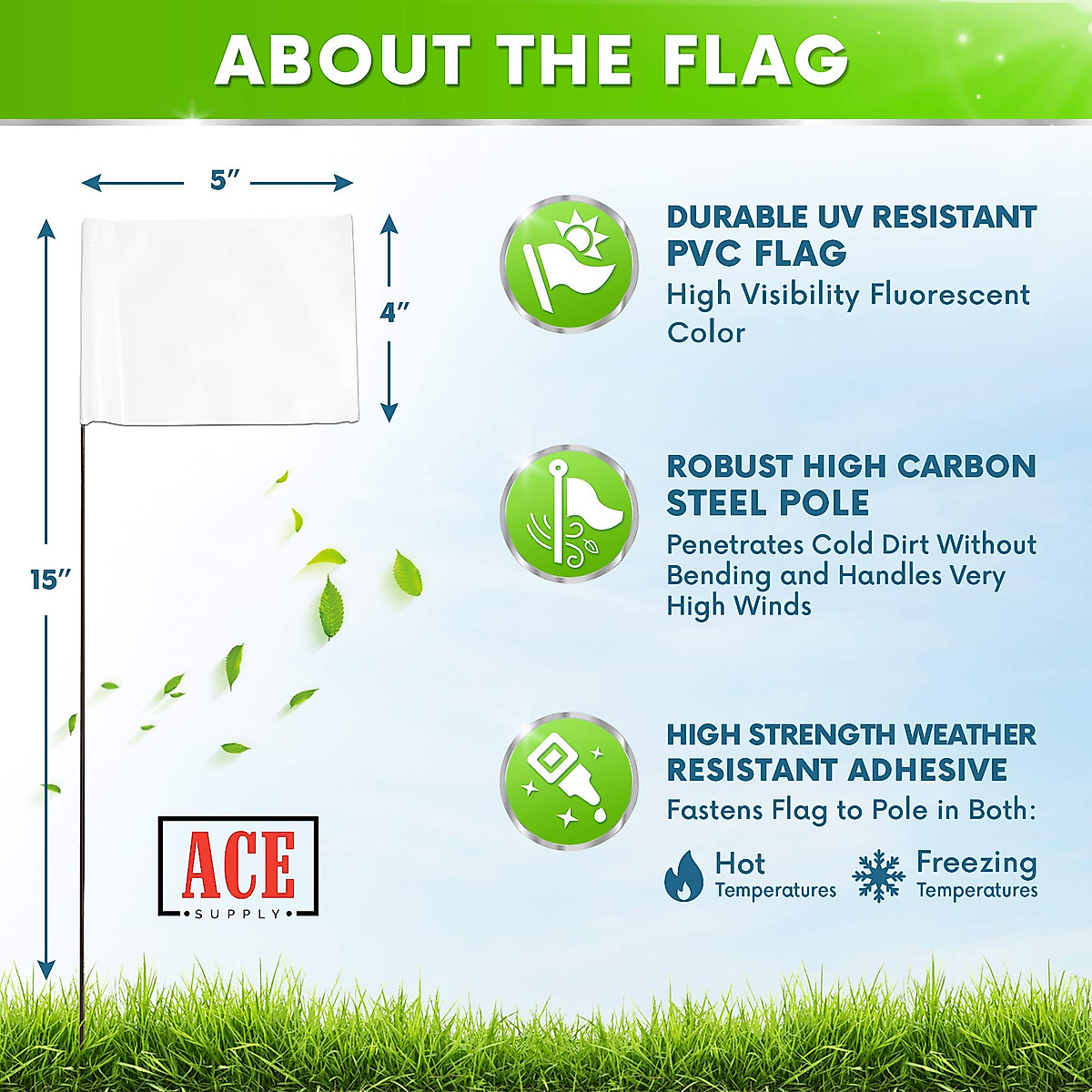 ACE Supply Marking Flags - 4 x 5-Inch Flag on 15-Inch Steel Wire - White, 100 Pack - Marker Flags for Irrigation, Sprinkler Flags, Lawn Flags, Yard Flags, Garden Flags, Dog Training, Invisible Fence