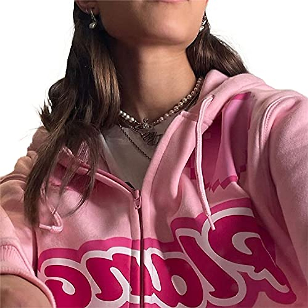 NUFIWI Women Graphic Printed Oversized Y2K Sweatshirt Zip Up Long Sleeve Hoodies Aesthetic Jacket Streetwear with Pockets （Pink, L
