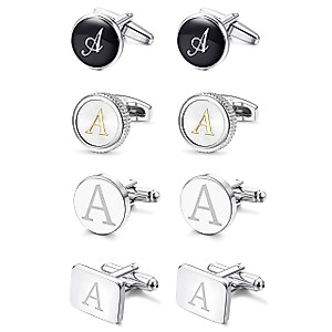 LOYALLOOK 4Pairs Initial A Men's Initial Letter Shirts Cufflinks Engraved Shirt Cufflink Alphabet Set Fashion Dazzle Tuxedo Cufflinks Business Wedding Father's DayGift