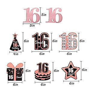 Excelloon 16th Birthday Decorations, 8Pcs 16 Foil Hanging Swirls, Sweet 16 Birthday Hat Cake Present Star Decorations, Happy 16th Birthday Party Supplies (Rose Gold)