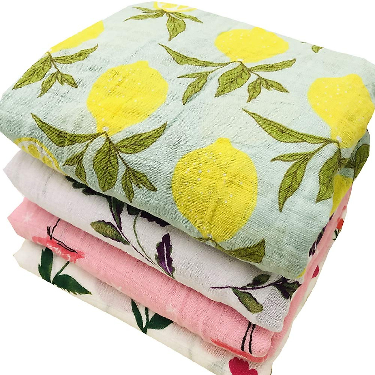 HGHG 4 Pack Organic Cotton Muslin Baby Blankets Bedding Infant Swaddle Towel Multifunctional Envelopes 47x47 Floral Orange Flamingo Plus a BurpCloth (Good Luck)
