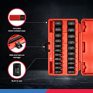 NEIKO 02432A 3/8” Drive SAE and Metric Impact Socket Set | 21 Shallow Pieces | SAE 5/16” to 3/4” | 7mm to 19mm | Premium Cr-V Steel | 6-Point Hex Design | Corrosion Resistant Coating
