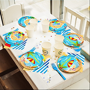 200 Pieces Beach Party Supplies Summer Birthday Party Decorations Disposable Paper Plates Napkins Forks Dinnerware Tableware Set Beach Party Decoration Favors For Kids Serves 50