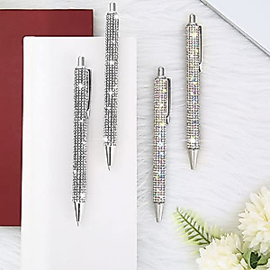 4 Pcs Rhinestone Metal Ballpoint Pens Bling Bling Pens Black Ink Pens Diamond Pen Big Crystal Ballpoint Pens 4 Pcs 1.0mm Pen Refills for Kids Students Teachers Gift (Silver, AB Silver)