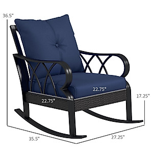 Outsunny Outdoor Wicker Rocking Chair with Padded Cushions, Aluminum Furniture Rattan Porch Rocker Chair w/Armrest for Garden, Patio, and Backyard, Navy Blue