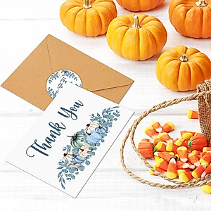 AnyDesign 36 Pack Fall Pumpkin Thank You Card Grey Blue Pumpkin Thank You Note Cards with Envelope Stickers Blue Eucalyptus Leaves Blank Cards for Fall Thanksgiving Baby Shower Wedding, 4 x 6 Inch