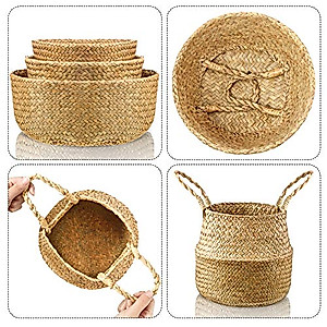Set of 3 Pieces Woven Seagrass Hand Woven Belly Basket for Storage, Laundry, Picnic, Plant Pot Cover, Beach and Grocery Basket (Small, Medium and Large)