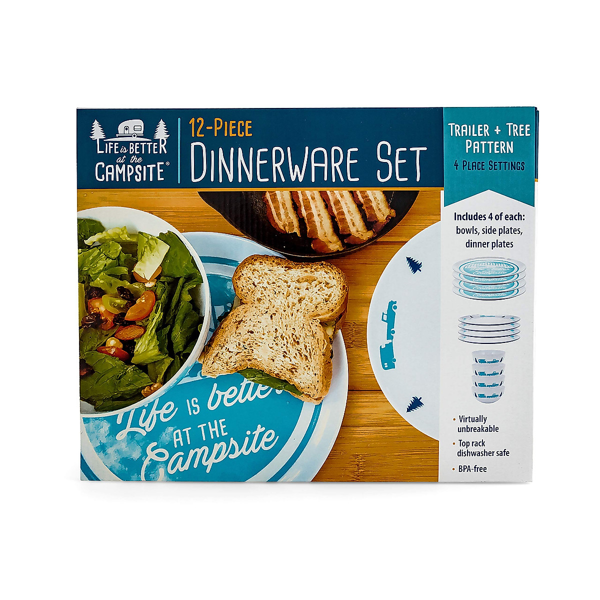 Camco Life is Better at The Campsite Dishware Set | Includes (4) Large Dinner Plates, (4) Small Salad Plates and (4) Bowls | Top Rack Dishwasher Safe | Blue Tree and Truck Design (53294)