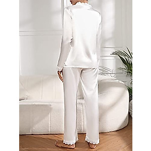 MakeMeChic Women's Satin PJ Set Silk Lace Trim Button Down Shirt and Pants Pajama Set White S