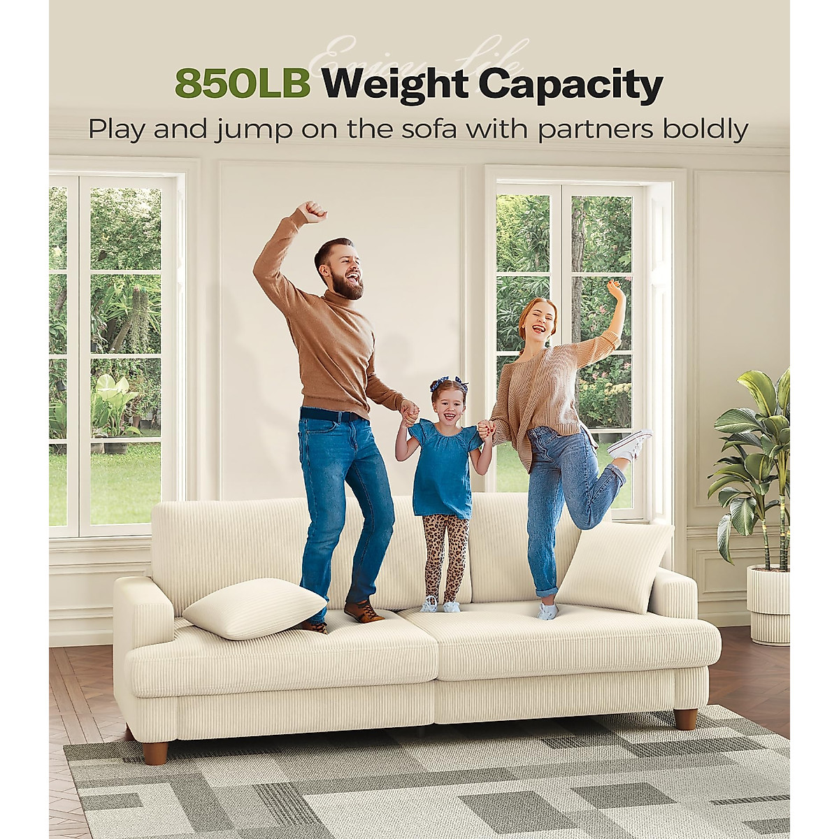 Kidirect 87in Beige White Sofa, Couches for Living Room 21in Extra Deep Seats, Comfy Corduroy Sofas for Living Room No Tool Assembly, Modern Oversized Love Seat with 2 Pillows, Sofa Couch for Bedroom