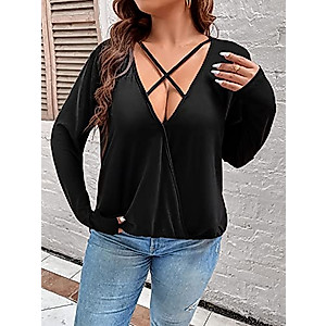 WDIRARA Women's Plus Size Criss Cross Wrap Deep V Neck Long Sleeve Tee T Shirt Black 2XL