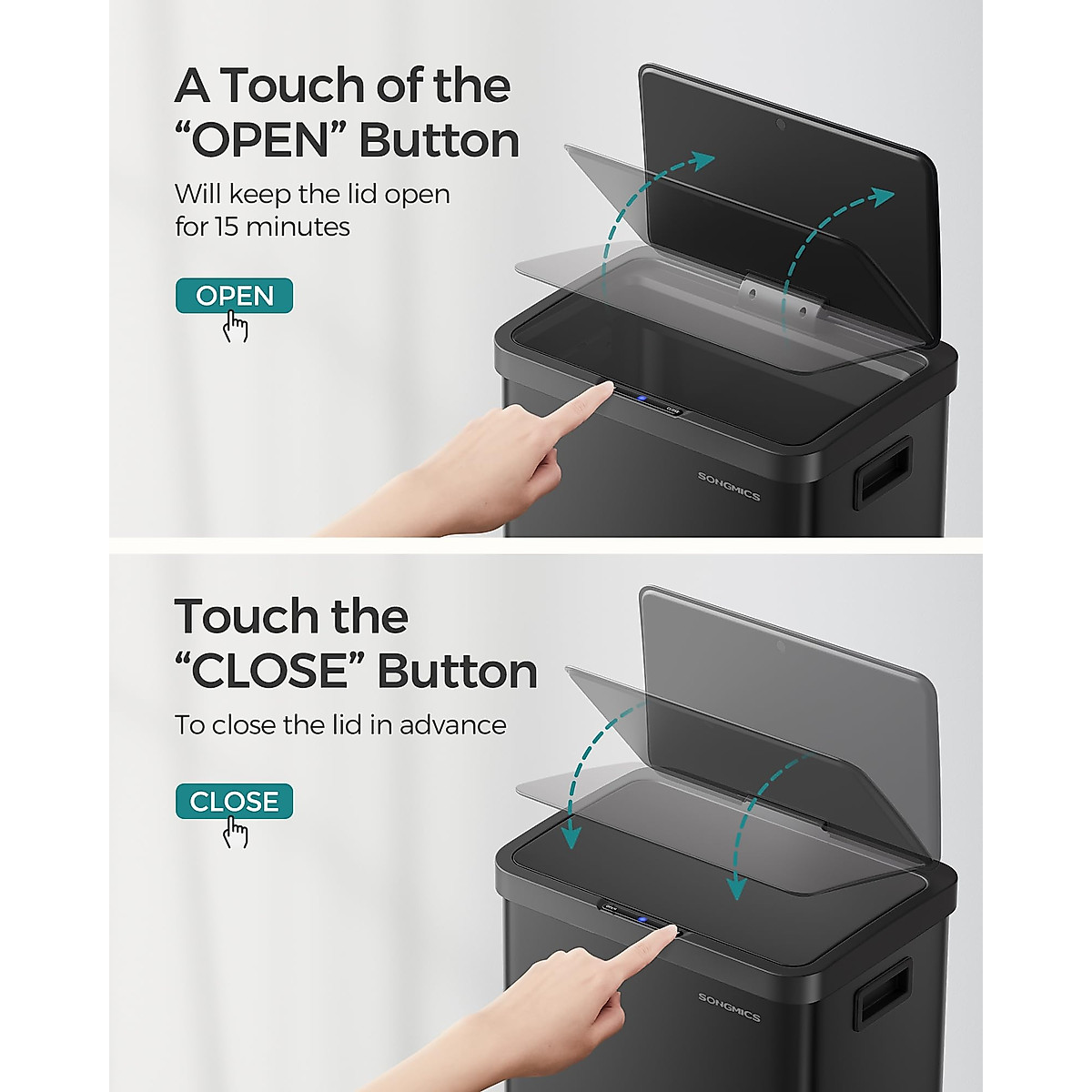 SONGMICS Motion Sensor Trash Can, 18-Gallon (68L) Automatic Kitchen Garbage Can with Stay-Open Lid, Soft Close, Stainless Steel, 15 Trash Bags Included, Ink Black ULTB630B68