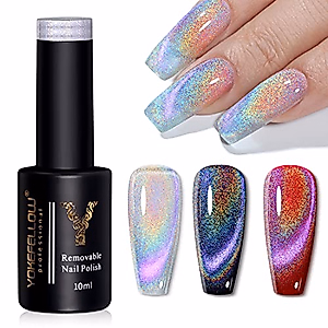 YOKE FELLOW 10ML Rainbow Cat Eye Gel Nail Polish, Soak Off UV Gel Polish Laser Holographic 9D Cat Eye Rainbow Shimmer Effect