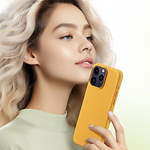 InUnion Genuine Leather Case for iPhone 15 Plus Case (2023) with MagSafe, Top Litchi Grain Leather Magnetic Phone Proctective Case for (iPhone 15 Plus) 6.7 Inch -Yellow