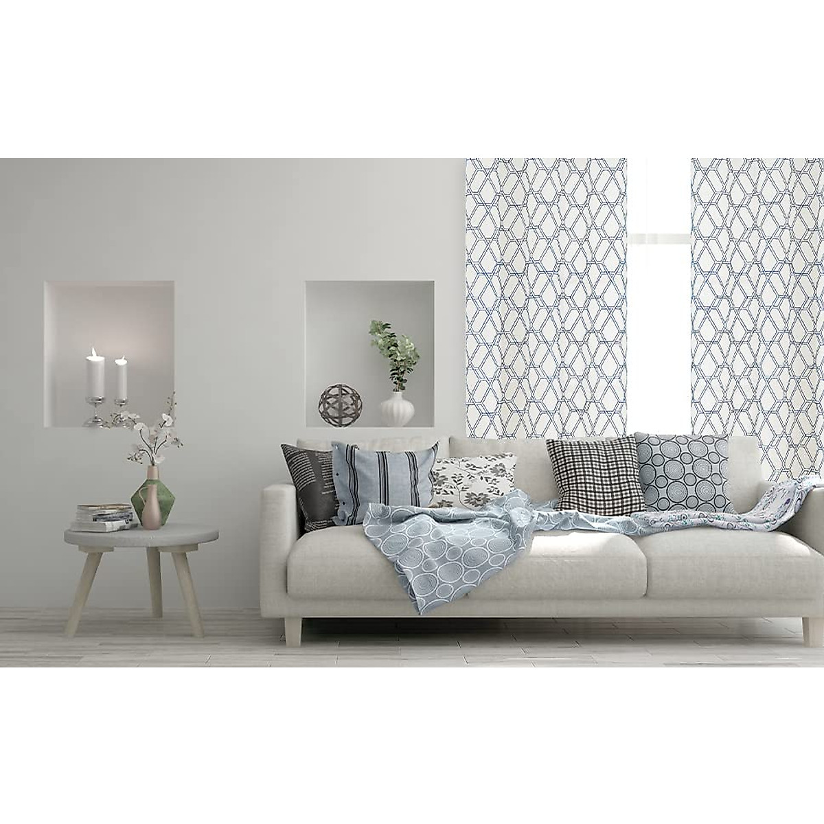 WEST LAKE Boho Geometric Semi Sheer Curtain Panels 84 Inch Blue Beige Natural Bohemia Geometric Embroidery Contemporary Lattice Grommet Farmhouse Window Treatment Drapes Living Room Bedroom 40”x84”x2
