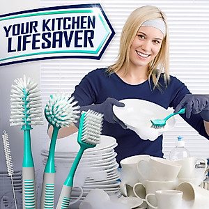 Dish Brush Set of 4 with Bottle Water Brush, Dish Scrub Brush, Scrubber Brush and Straw Brush - Kitchen Scrub Brushes Ergonomic Non Slip Long Handle for Cleaning Cleaner Wash Dish Sink Dishes Cup Pot