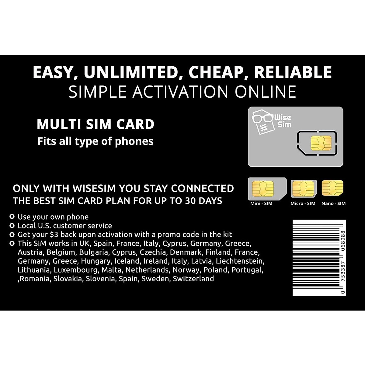 European SIM Card: 10GB Data + 3000 Minutes + Text Messages - 30 Days, Free Roaming