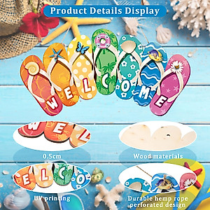 Summer Slippers Hanging Sign Shape Welcome Hello Flip Flop Wooden Door Plaque Rustic Wall Sign Yard Indoor Outdoor Garden Decoration with Rope (Welcome)