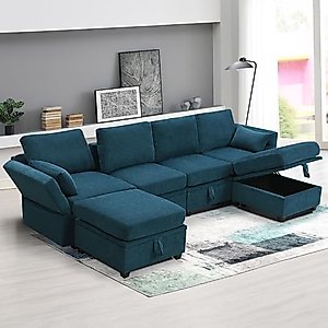 109" Chenille Modular Sectional Sofa Set, U-Shaped Sofa Couch with Adjustable Armrests and Backrests, 6 Seat Reversible Sofa Bed with Storage Seats for Living Room/Apartment, Blue