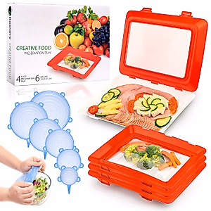 BOXSORY Food Preservation Trays - New Version 2021, Stackable, Reusable and Odor Free - Dishwasher Safe Refrigerator Storage Tray (4pcs) + Stretch Lids (6pcs)