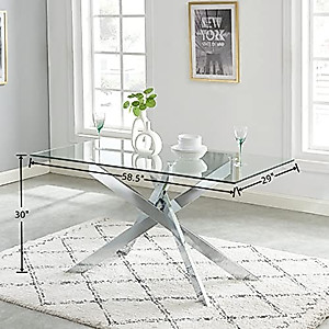 Edwin's Choice Rectangle Glass Dining Table, Tempered Glass Tabletop and Metal Tubular Legs, Modern Style Table for Home, Kitchen, Dining Room 58.5”Lx29”Wx30”H, Silver