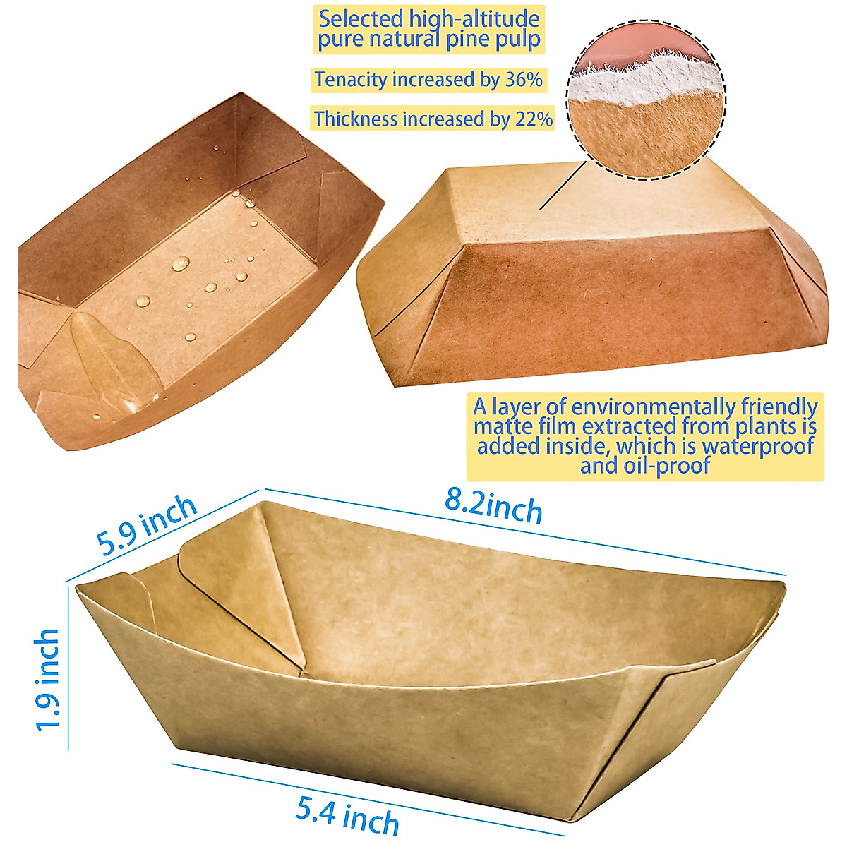 MotBach 100 Pack 3lb Kraft Paper Food Trays, Heavy-Duty Paper Food Boat Disposable Serving Basket Tray for French Fries Nachos Snack Hot Dog Taco BBQ Popcorn Party Picnic Wedding Party (Brown)