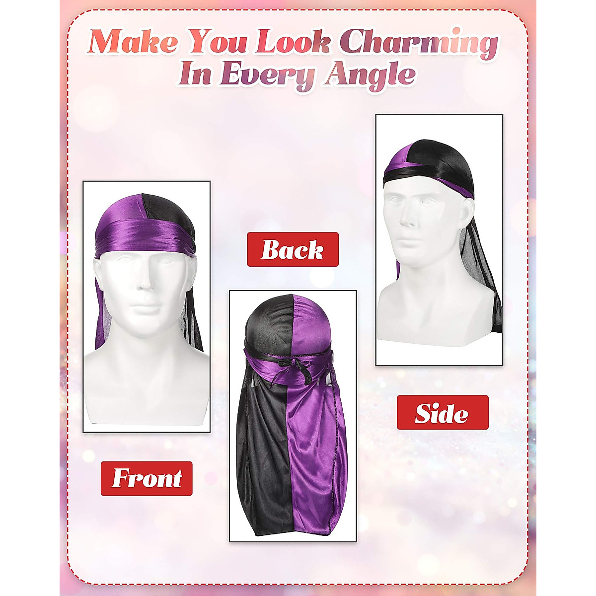 12 Pieces Silky Durag Pirate Cap Long Tail Headwraps for Men and Women Silky Durag Hip Hop Rapper Doo Rag Sleep Hat (Two-Tone Style)